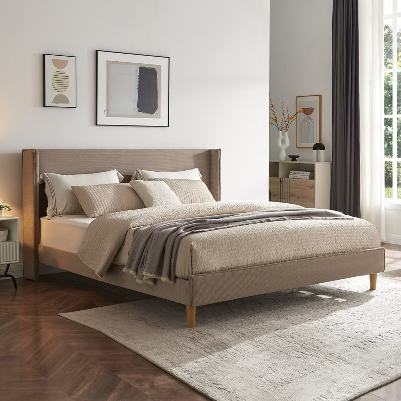 Luxury Corduroy Upholstered Bed Modern Wingback Design No Box Spring Needed Noise Free Ebern Designs Color Mink Size King